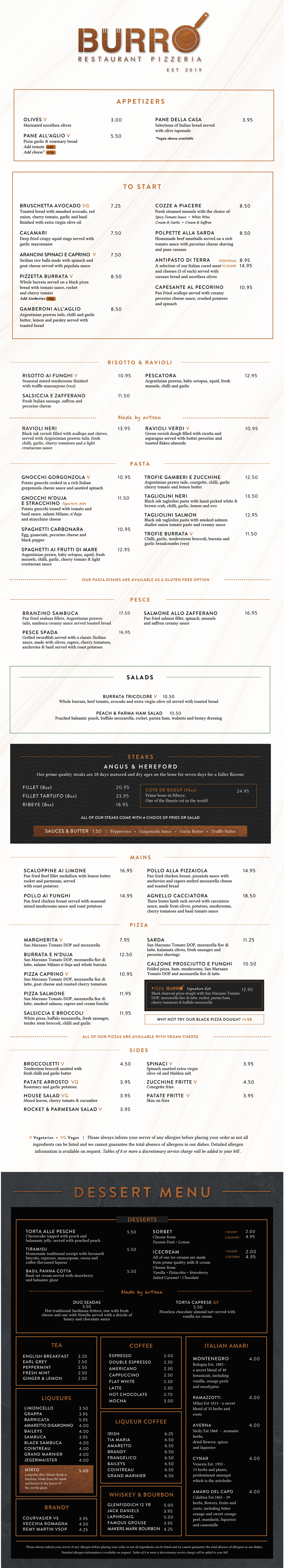 Our Menus - Burro Italian Restaurant Riccall, York