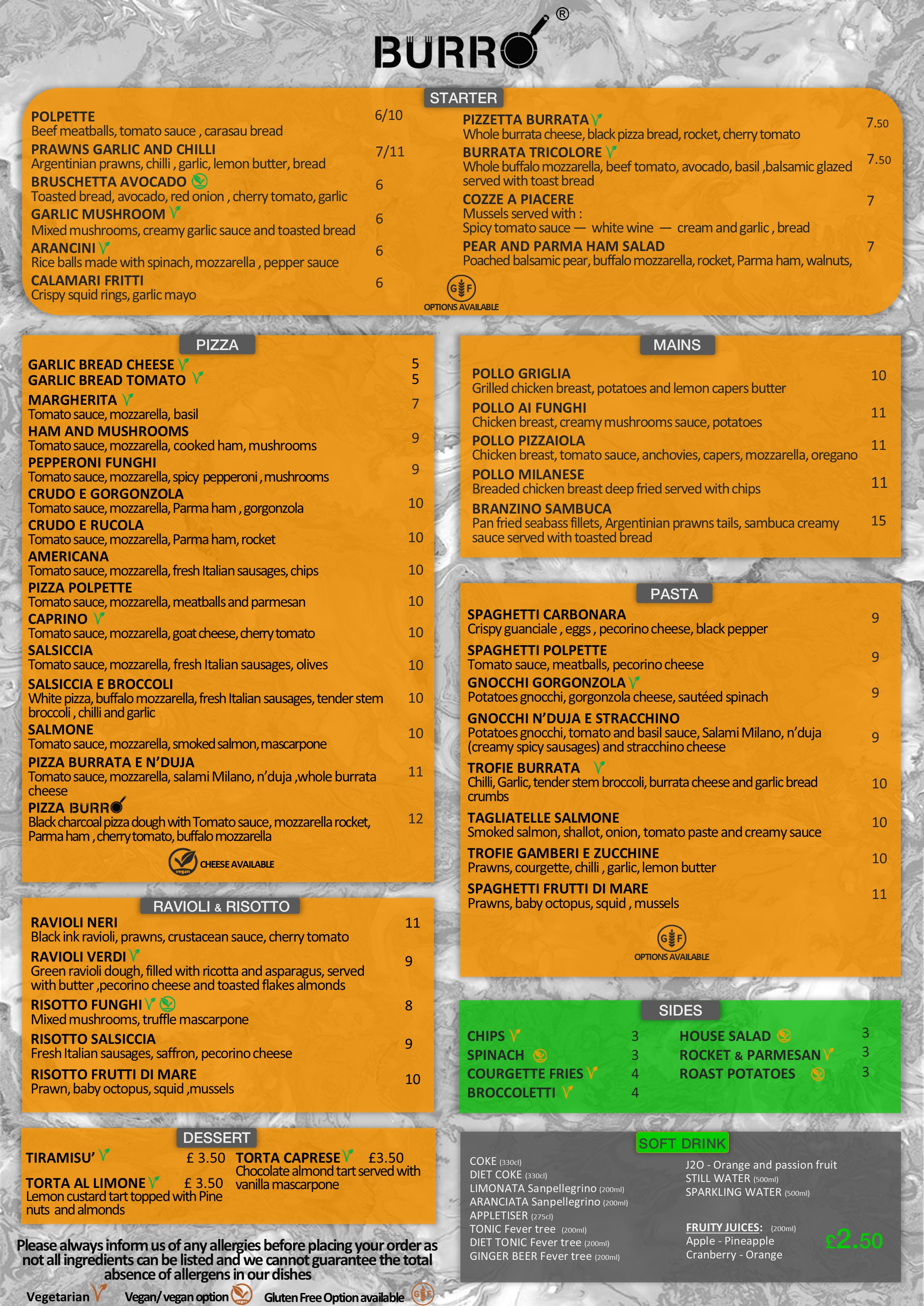 Our Menus - Burro Italian Restaurant Riccall, York
