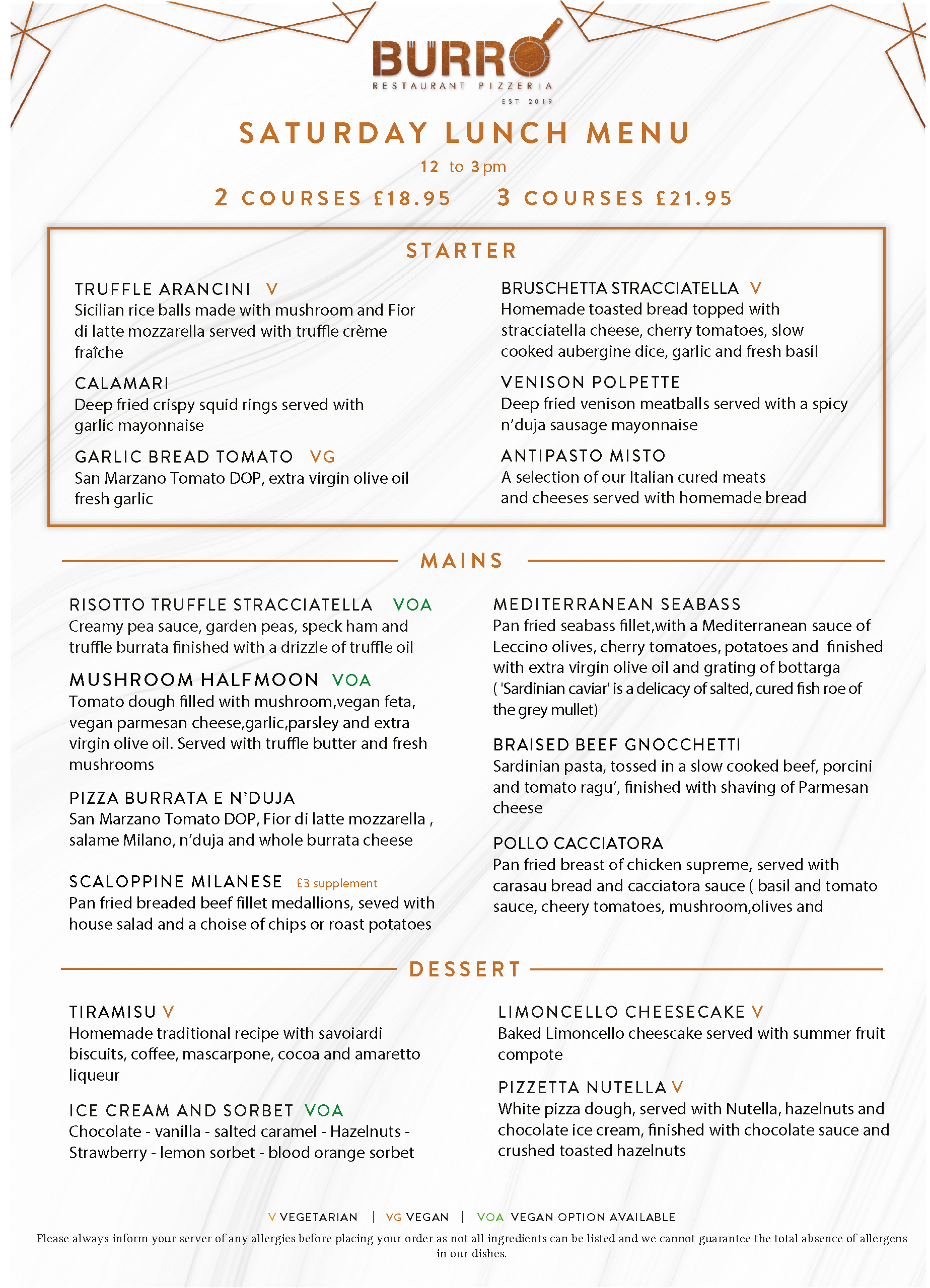 Our Menus - Burro Italian Restaurant Riccall, York