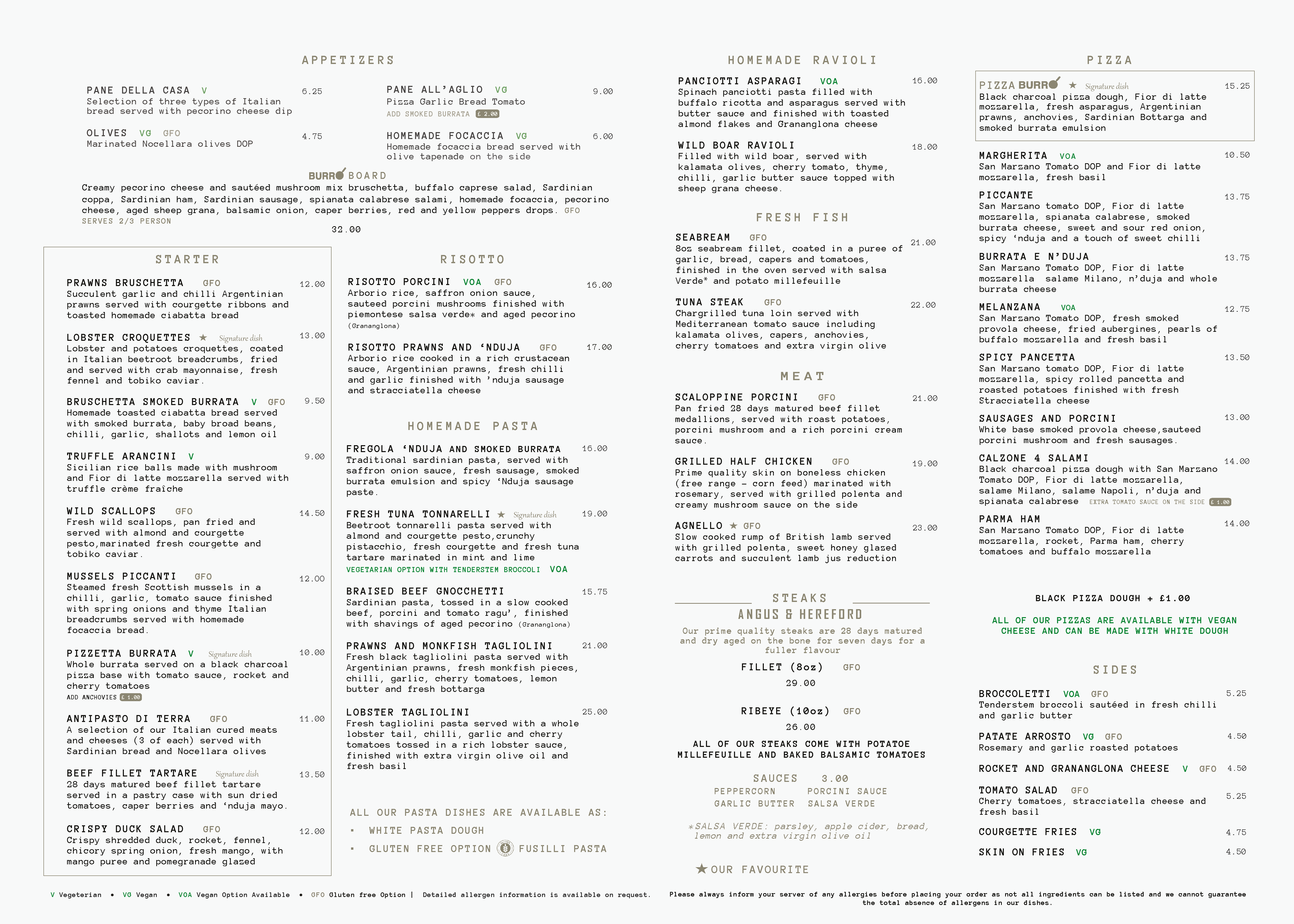 Our Menus - Burro Italian Restaurant Riccall, York